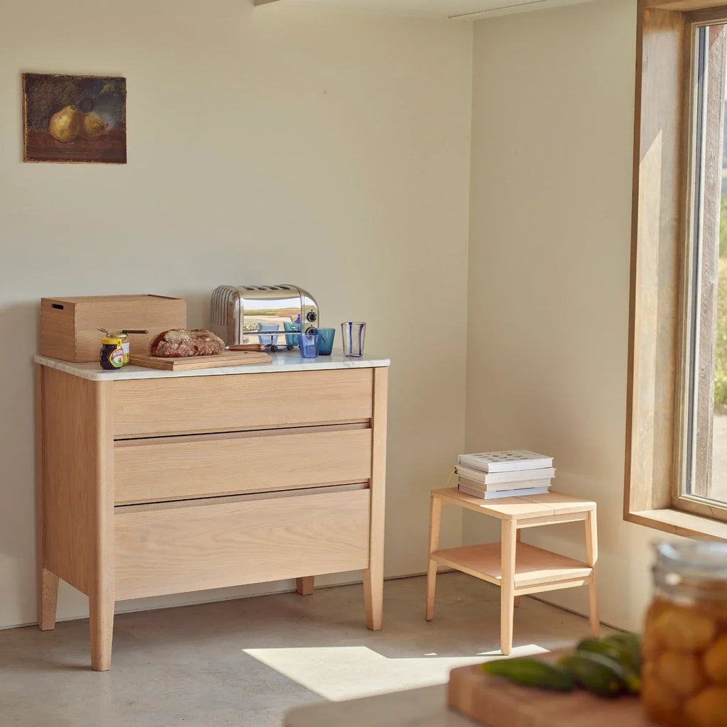 Borough Freestanding Oak Pan Drawer with Marble Top – Neptune