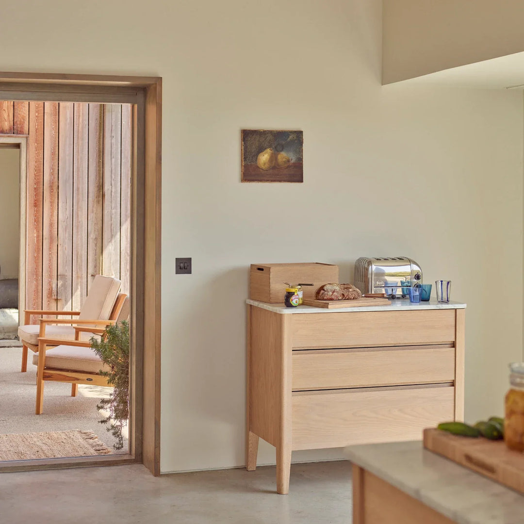 Borough Freestanding Oak Pan Drawer with Marble Top – Neptune
